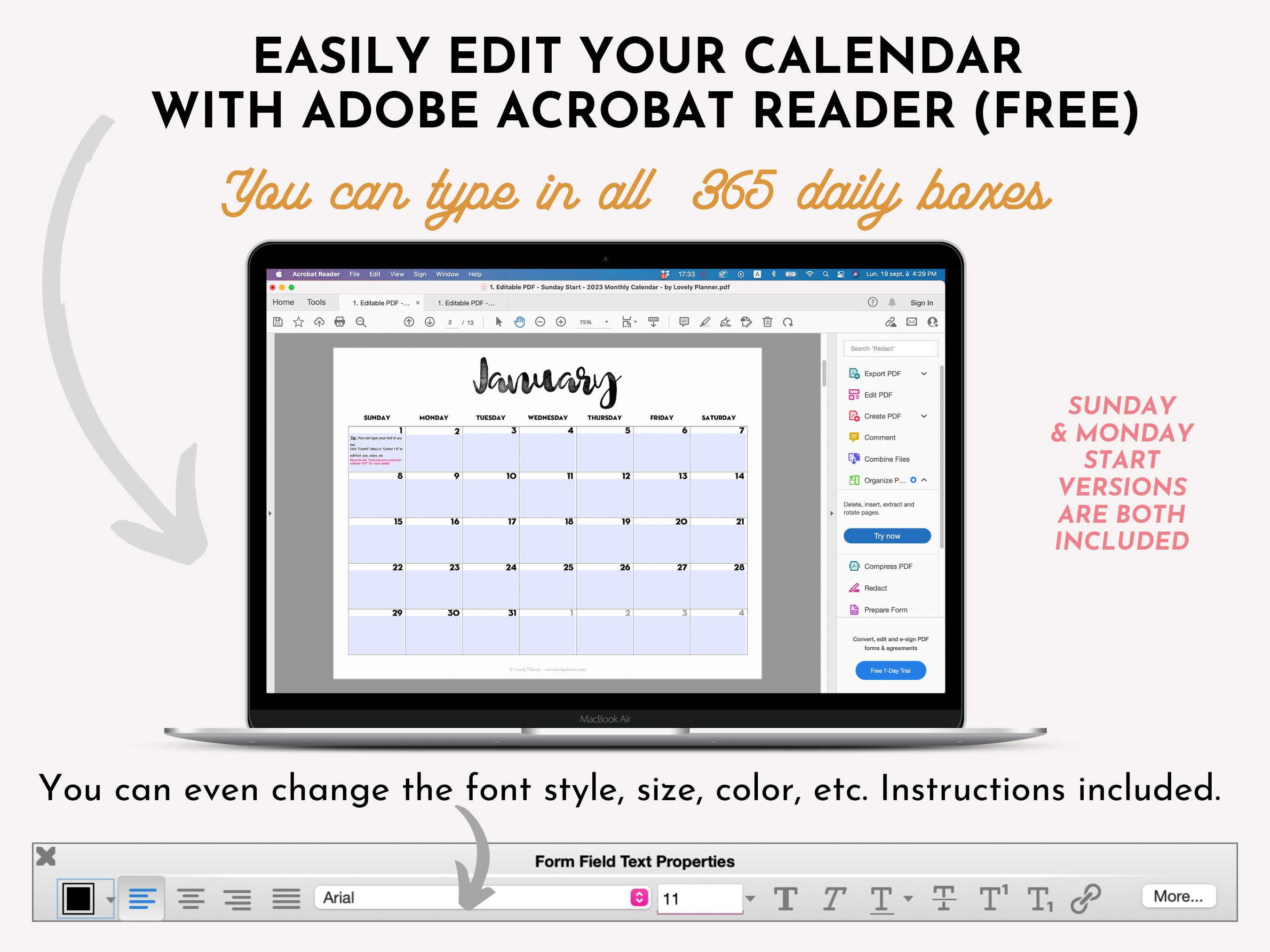 Printable EDITABLE Monthly Calendar Template for 2023 2023 - Etsy