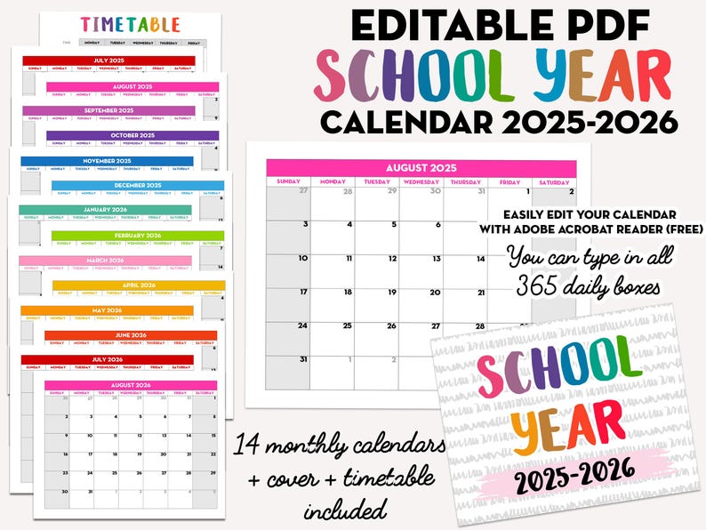 Printable EDITABLE Monthly School Calendar 2025-2026 Template, Academic ...