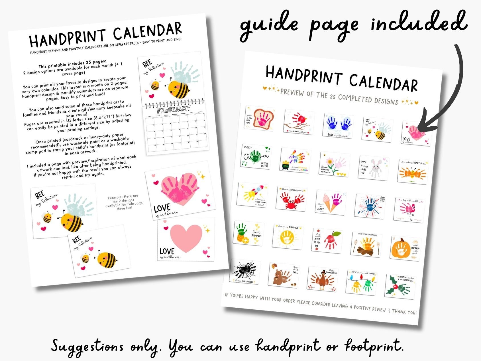Handprint Calendar 2025 Landscape, Printable Handprint Craft Bundle ...