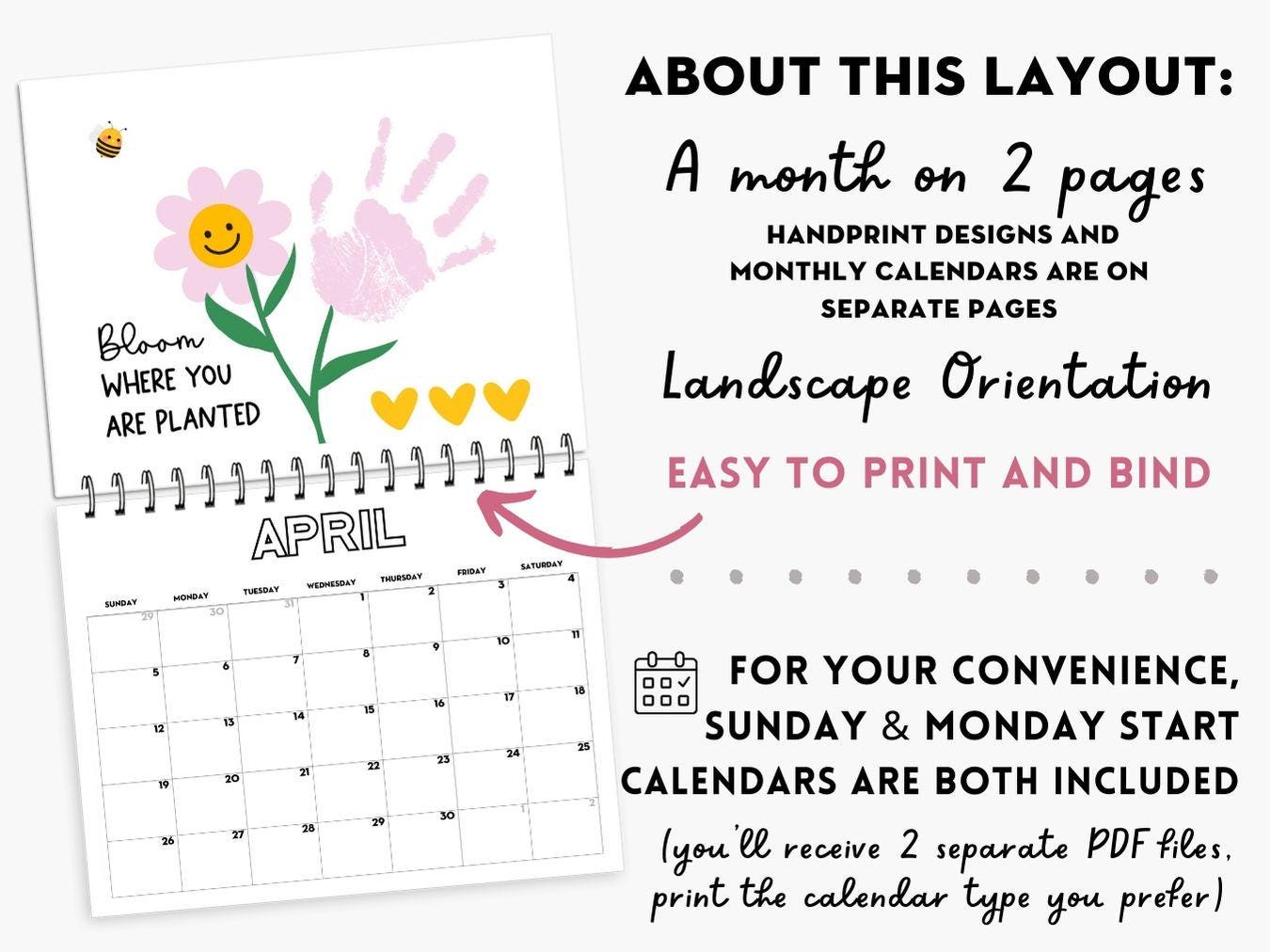 Handprint Calendar 2026 Landscape, Printable Handprint Craft Bundle ...