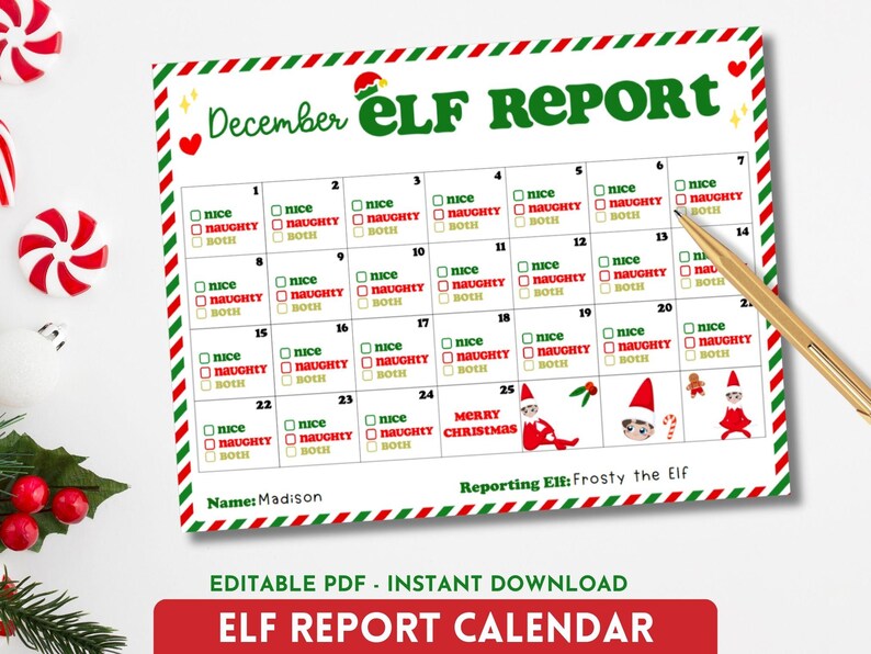 EDITABLE Elf Report Calendar Printable, Christmas Elf Behavior Tracker ...