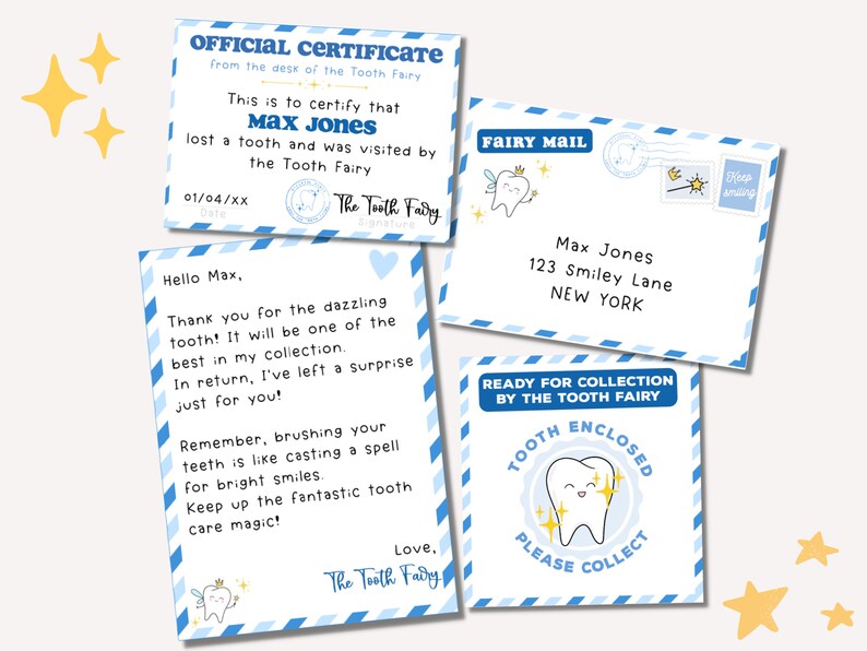 Editable Printable Mini Tooth Fairy Set Blue With Envelope, Letter From ...