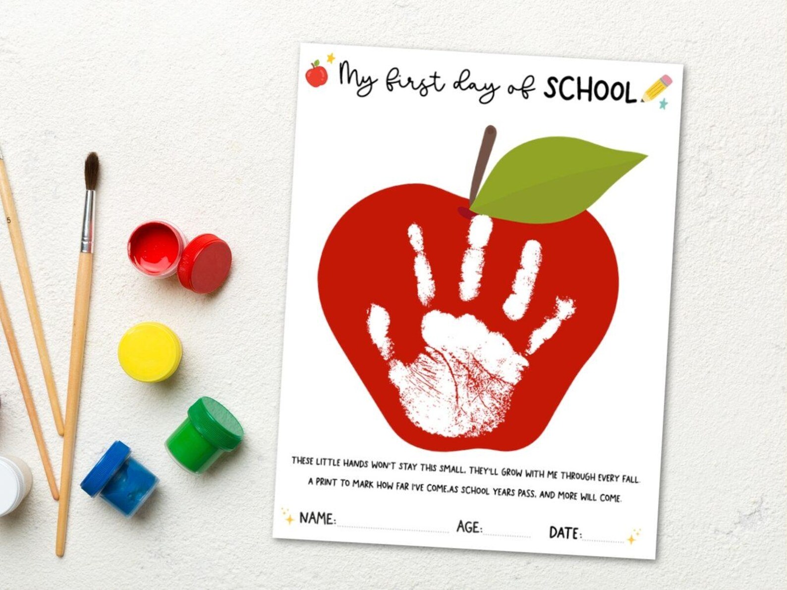 First Day of School Handprint Art, Apple Handprint Printable Template ...