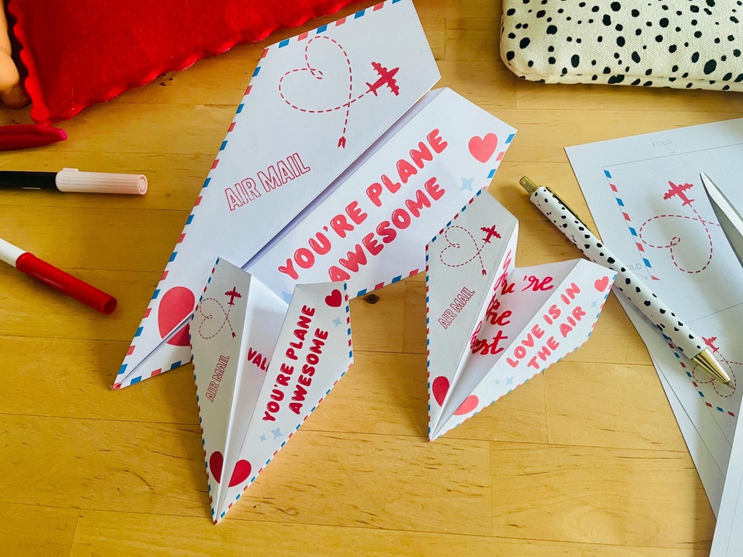 4 Designs + 2 Sizes Paper Airplane Valentine Printable Card, Kids Paper ...