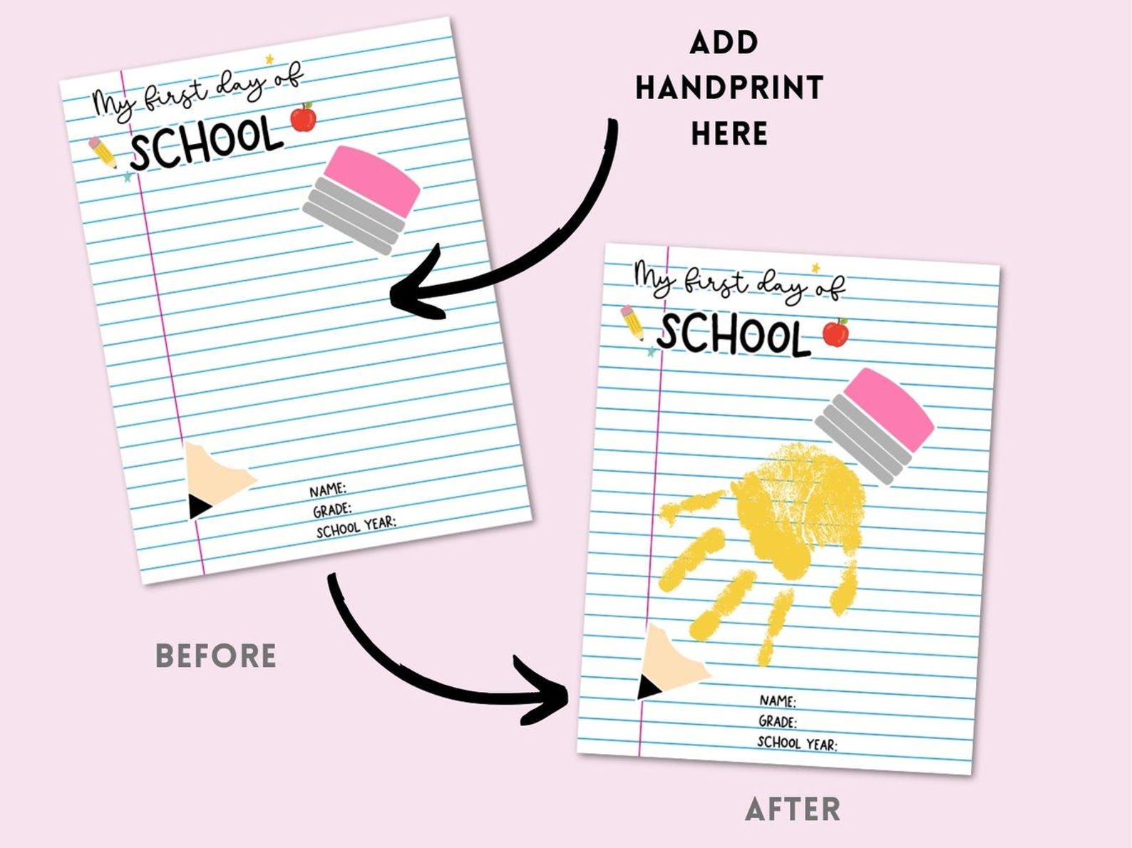 First Day of School Handprint Art, Pencil Handprint Printable Template ...