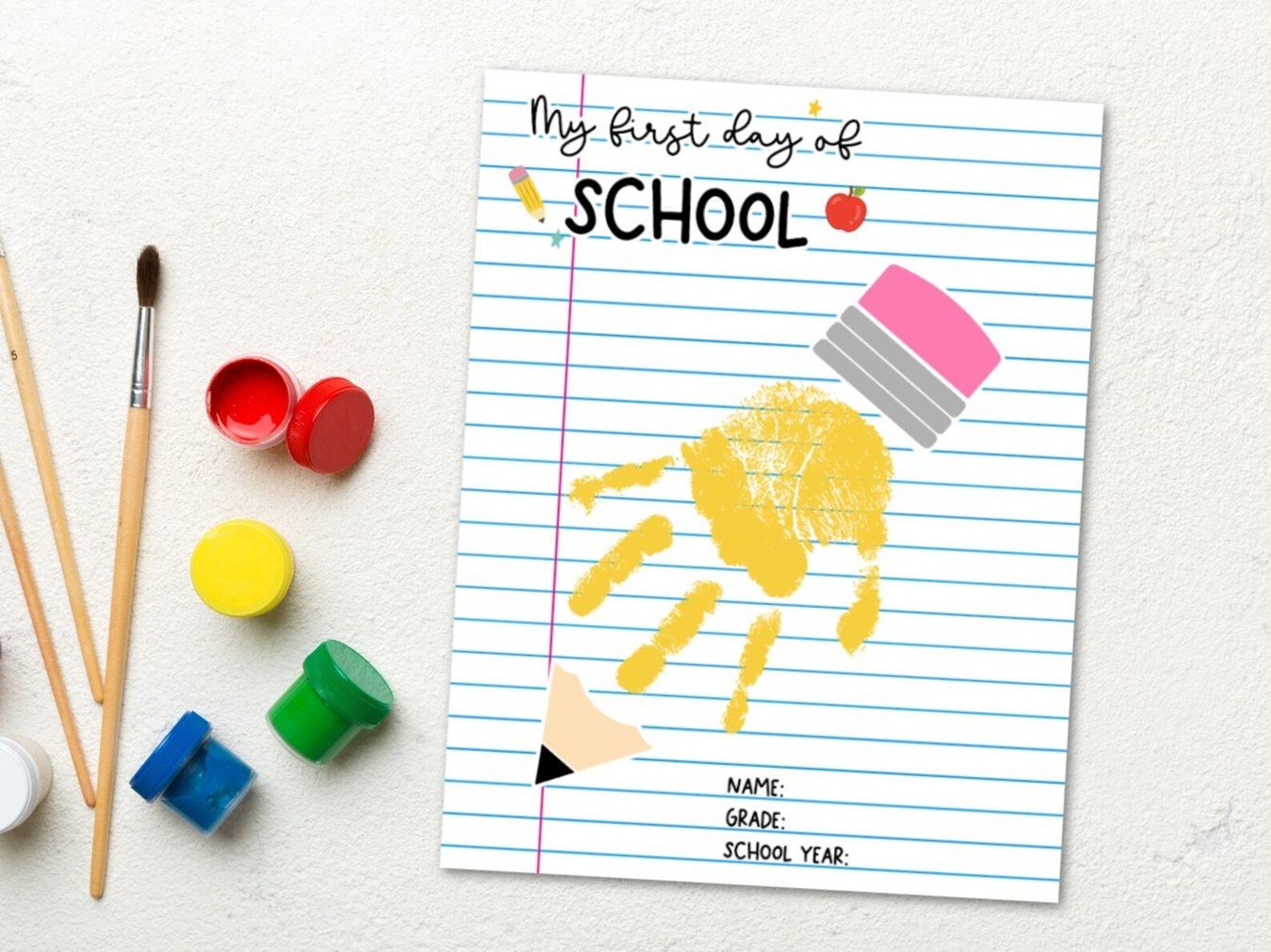 First Day of School Handprint Art, Pencil Handprint Printable Template ...