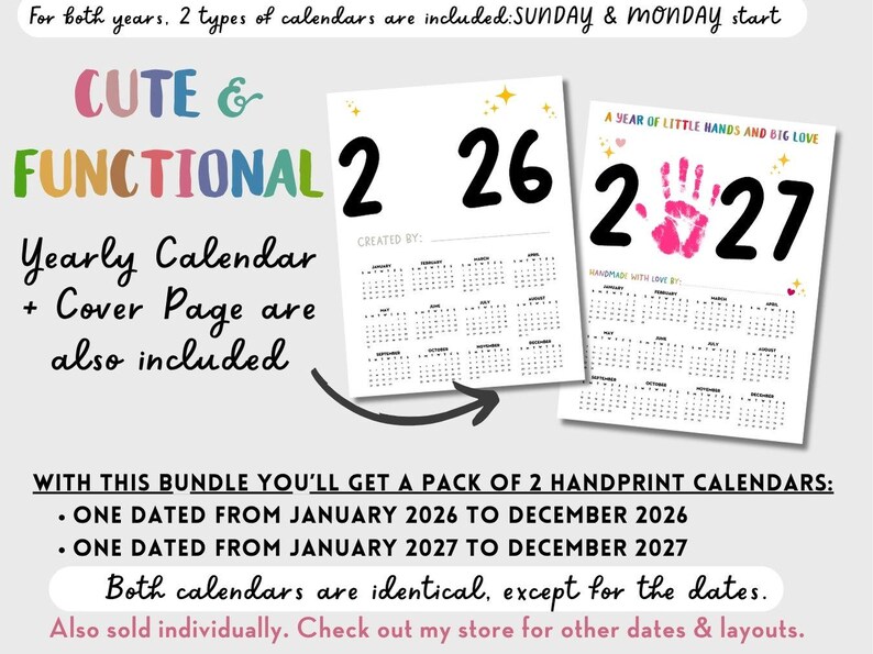 Bundle 2026 2027 Handprint Calendars, Printable Handprint Craft Bundle ...