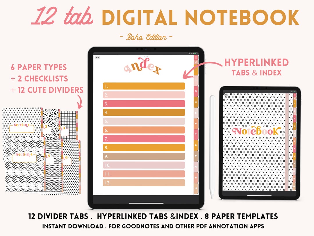 Digital Notebook With 12 Hyperlinked Tabs, Goodnotes Notebook ...