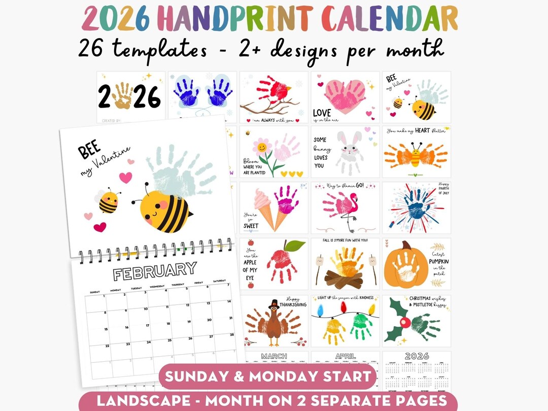 Handprint Calendar 2026 Landscape, Printable Handprint Craft Bundle ...