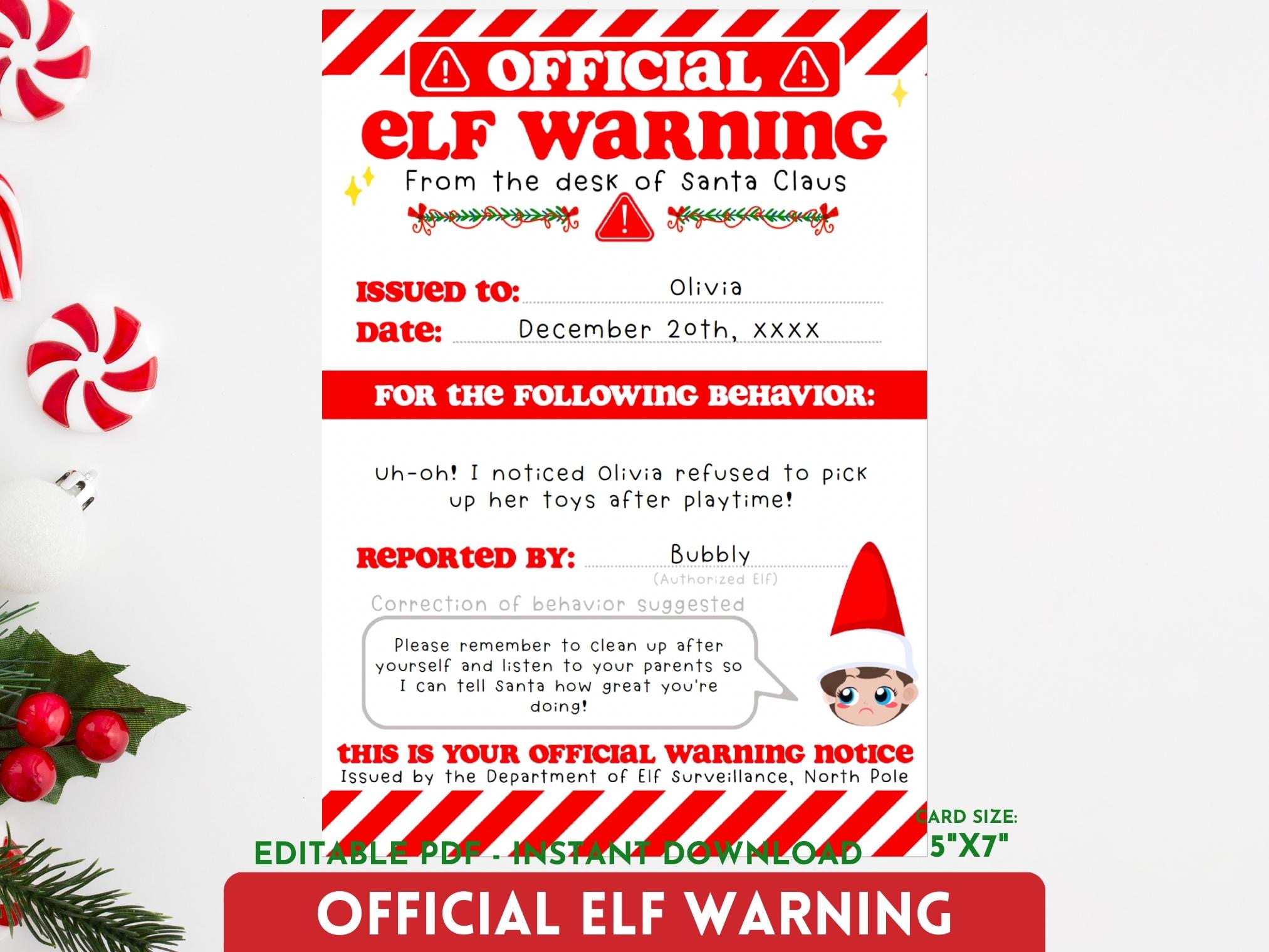 EDITABLE Official Elf Warning Notice Printable Elf Naughty Warning ...