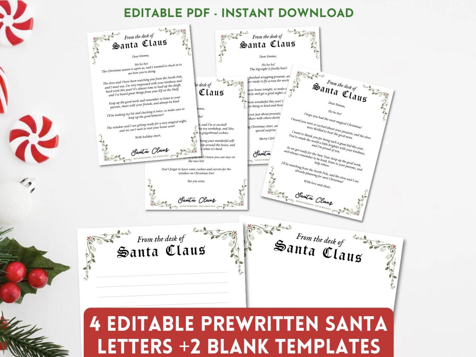 4 Editable Santa Letters for Kids, Printable Customizable Santa Claus ...