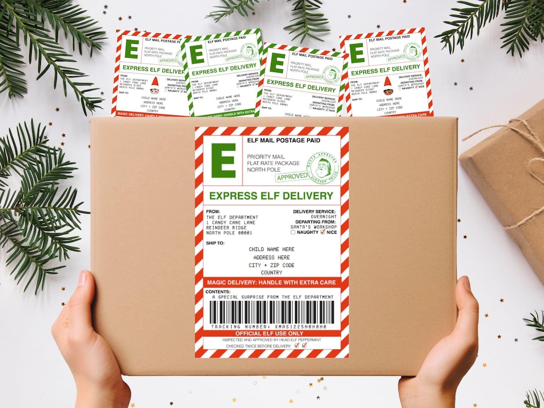 Set of 5 - Printable EDITABLE Elf Shipping Label Sticker, Christmas Elf ...
