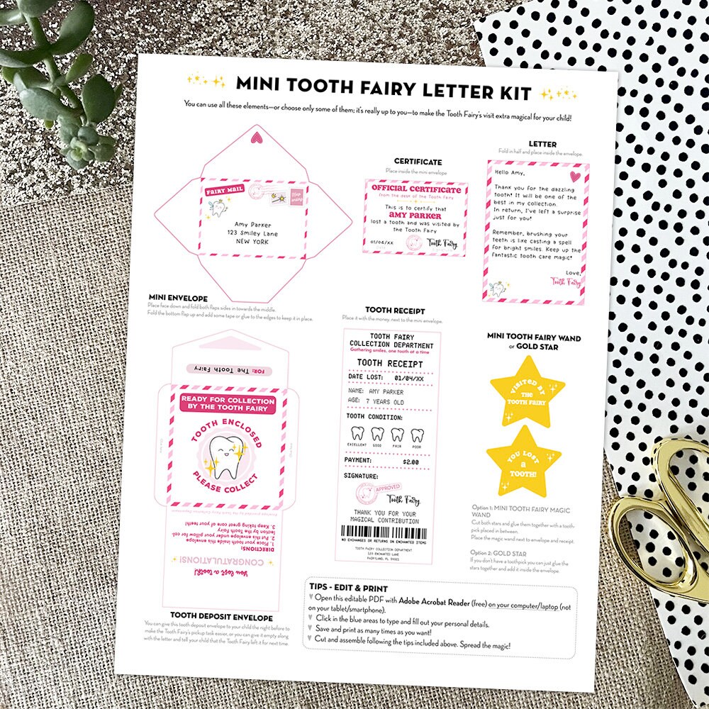 Editable Printable Mini Tooth Fairy Set Pink With Envelope, Letter From ...