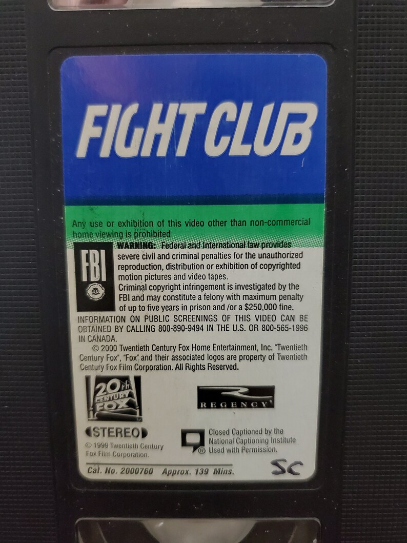 Fight Club VHS Starring Brad Pitt and Edward Norton the First - Etsy India