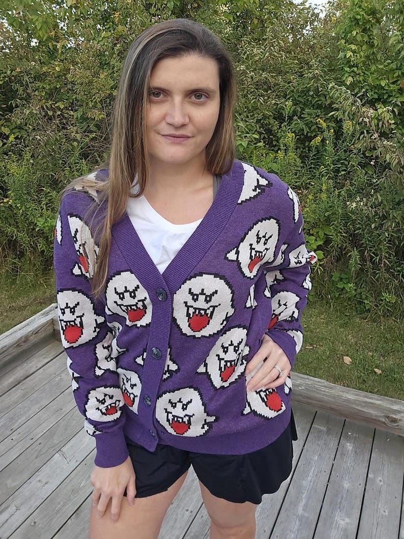 Boo Ghost Cardigan Gamer Halloween Sweater Videogame Gifts Pixel Art ...