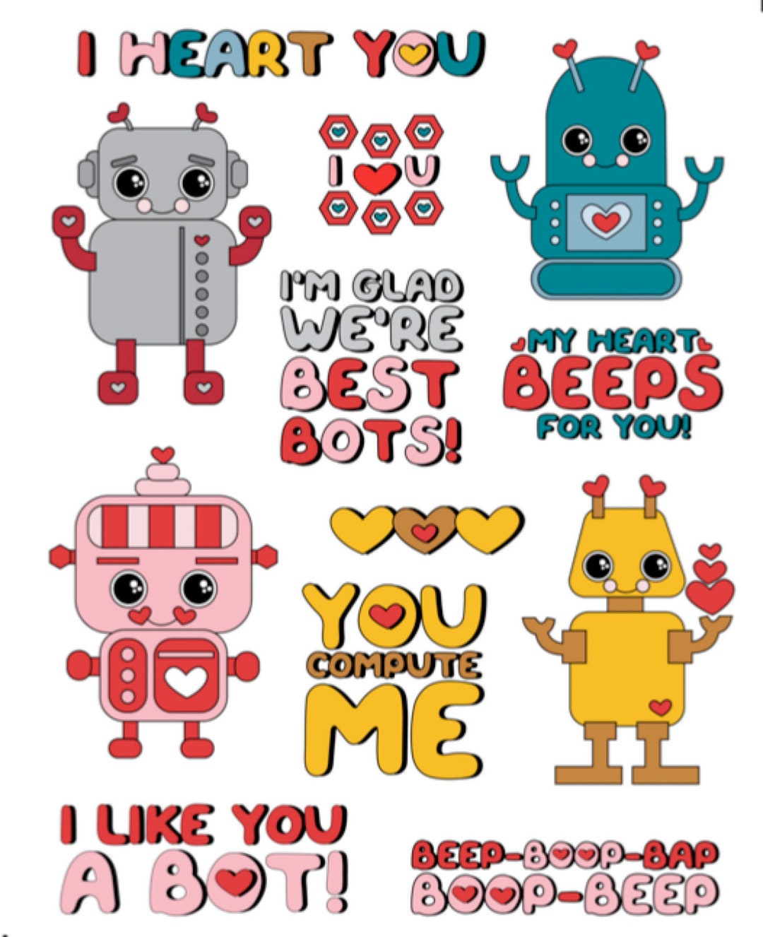 Valentines Day Robot Stickers , Hearts , Love , Crush , Fun , Kids ...
