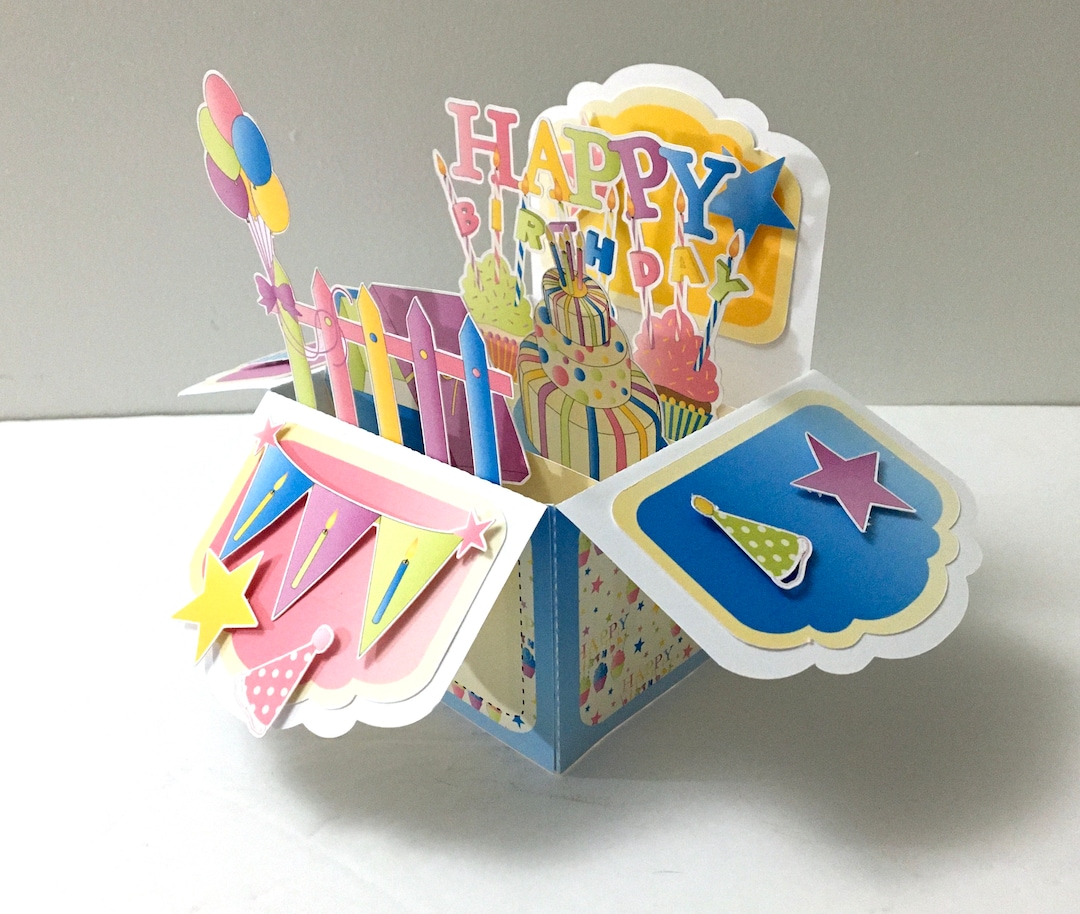Birthday Pop up Box Card , Blank Inside , Party , Hat , Balloon , Cake ...