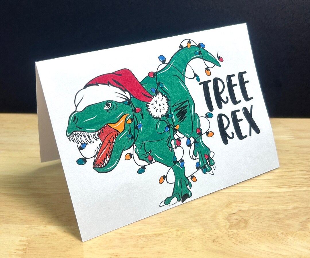 Tree Rex Dino Christmas Card , Holiday , Lights , Festive , Joy - Etsy