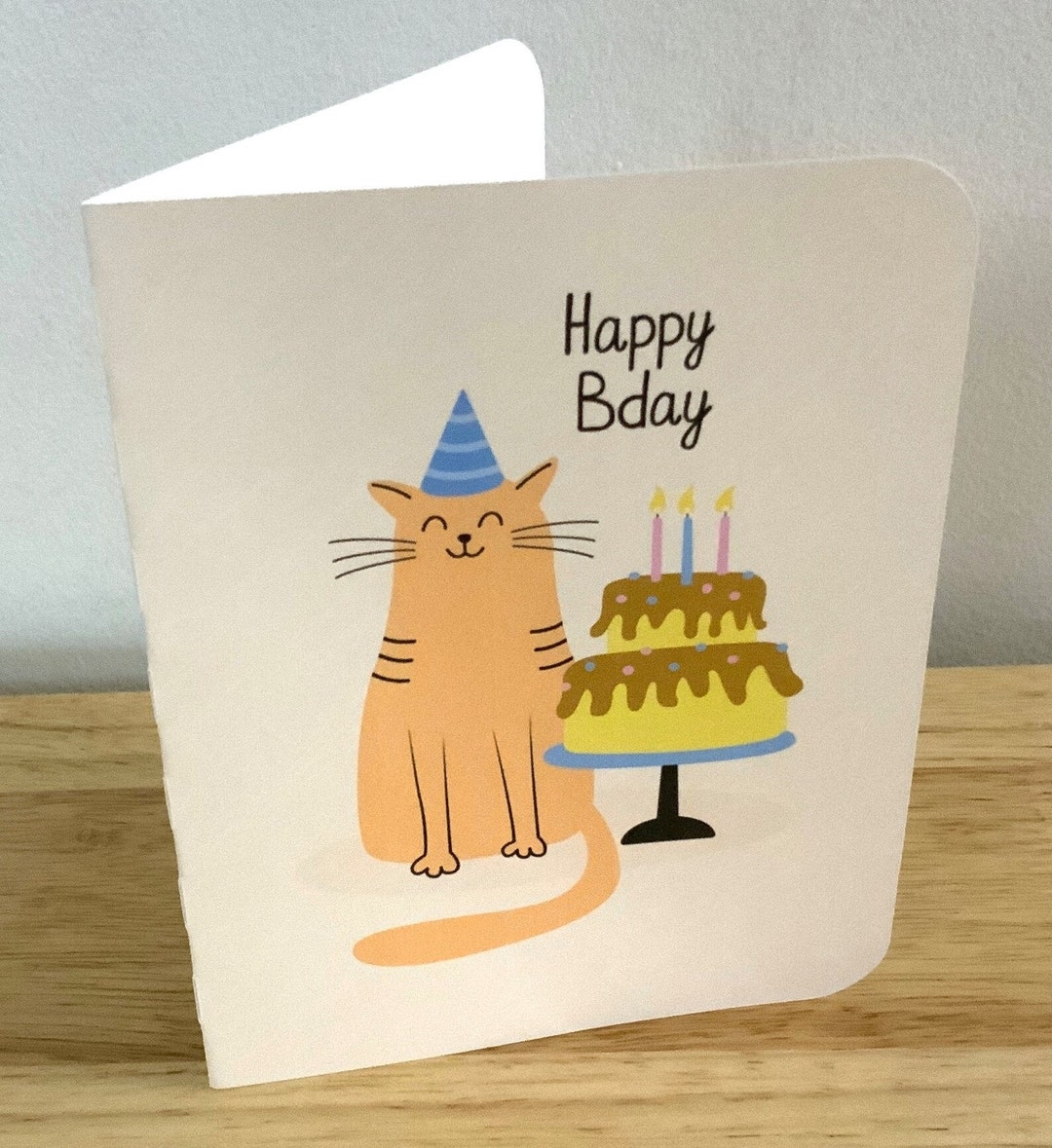 Happy Bday Card , Blank Inside , Printed , Cake , Candles , Kitty , Cat ...