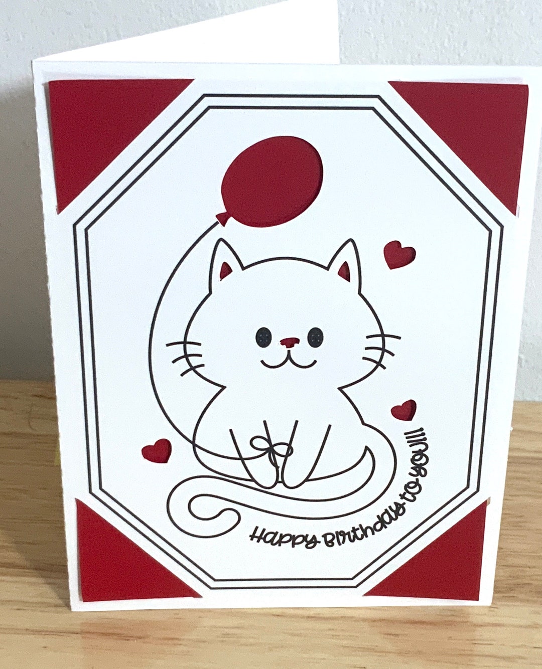 Happy Birthday Kitty Cat Card , Blank Inside , Love , Hearts , Balloons ...