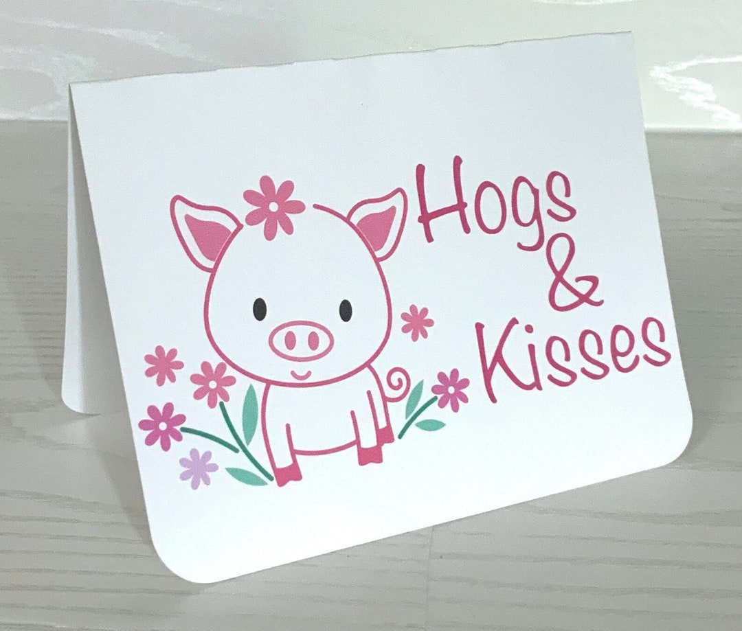 Hogs and Kisses Card , Printed , Blank Inside , Pig , Flowers , Pink ...
