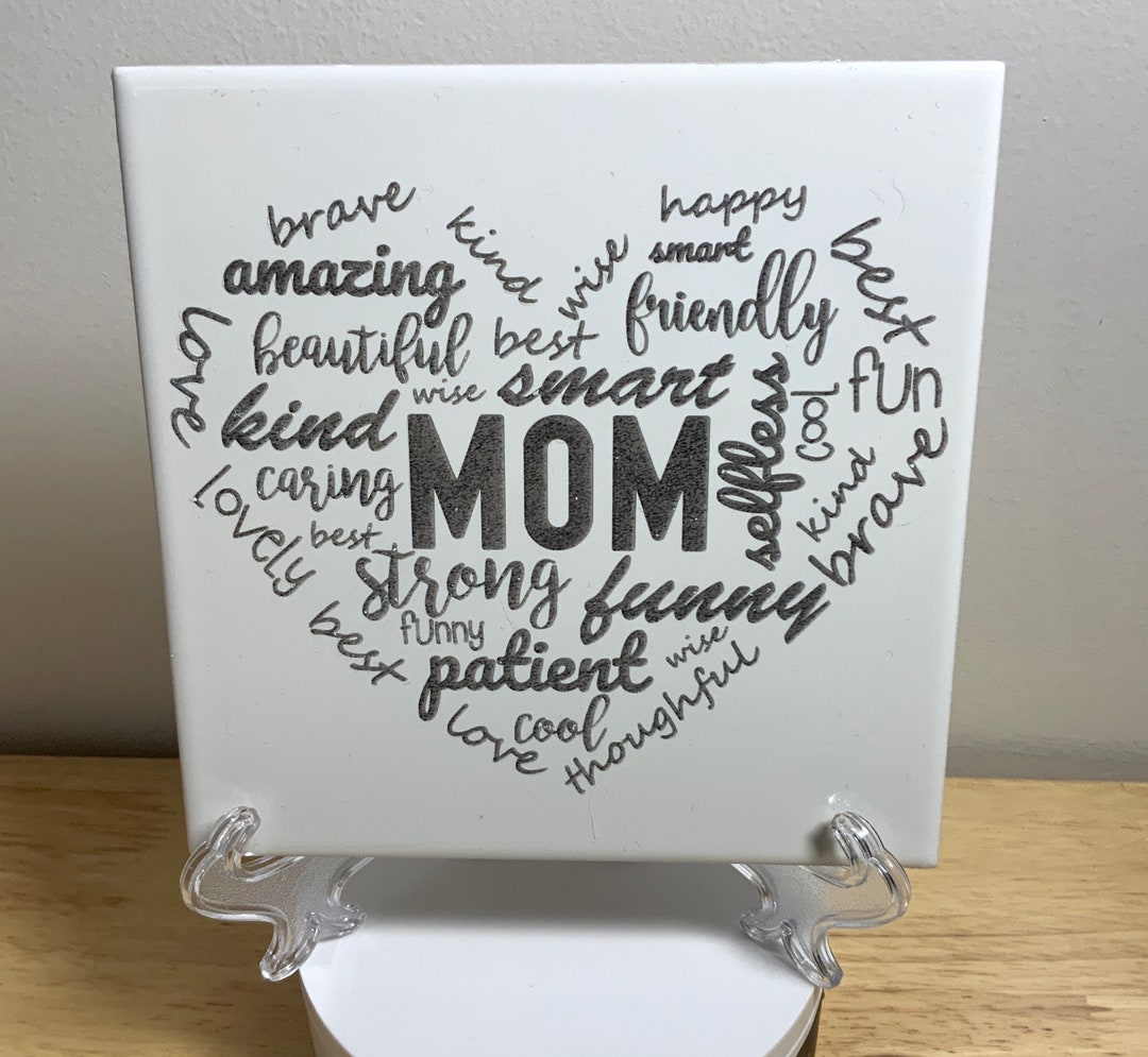 Mom Word Heart , Ceramic Tile , Laser Etched , White , Glossy , Cool ...