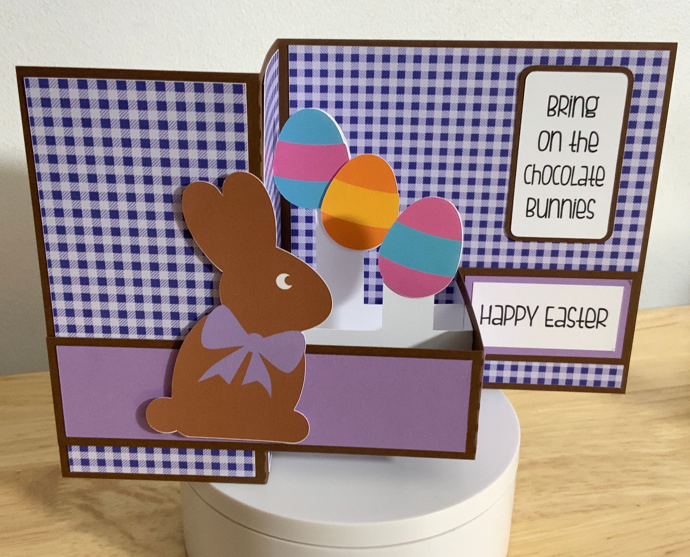 Chocolate Easter Bunny Pop up Card , Blank , Plaid , Blue , Pink ...