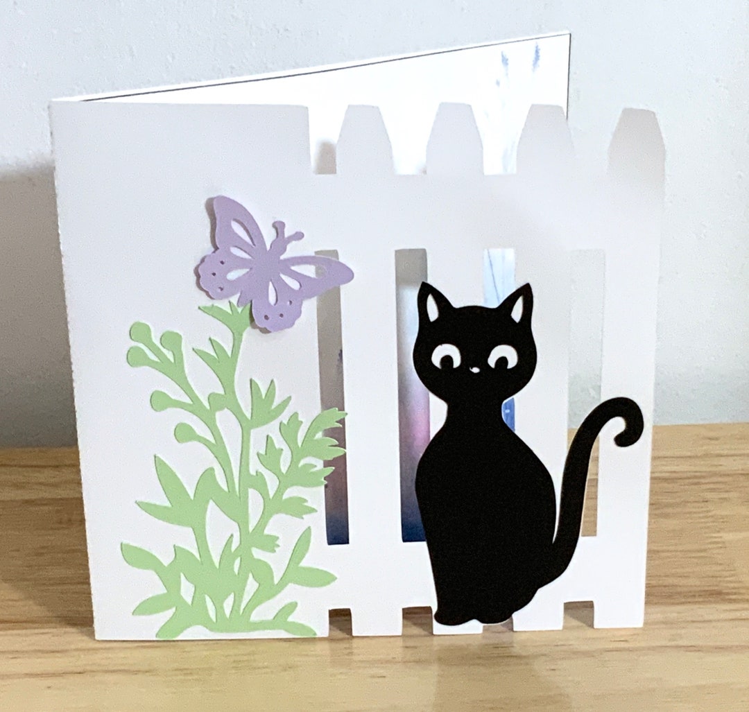Cat Card , Blank Inside , Flowers , Butterfly , Black , Lilac , Grass ...