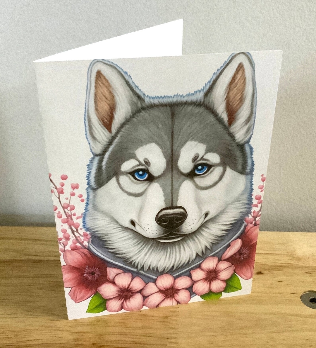 Siberian Husky Dog Card , Blank Inside , Printed , Flowers , Pink ...