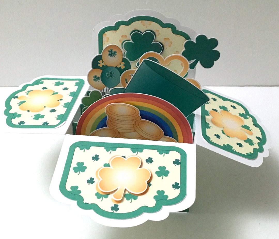 St Patricks Day Pop up Box Card , Rainbow , Gold , Hat , Clover ...