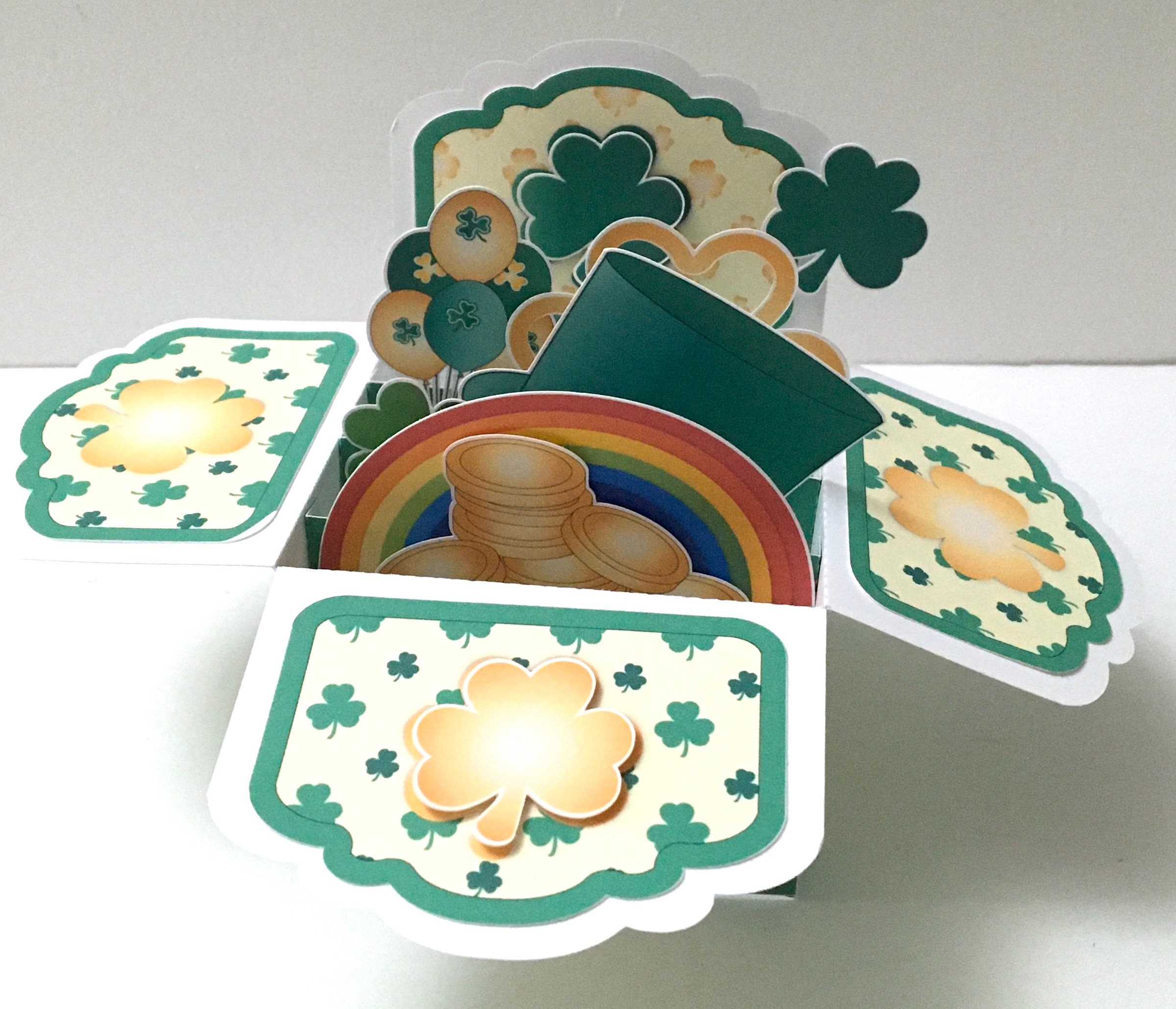 St Patricks Day Pop up Box Card , Rainbow , Gold , Hat , Clover ...