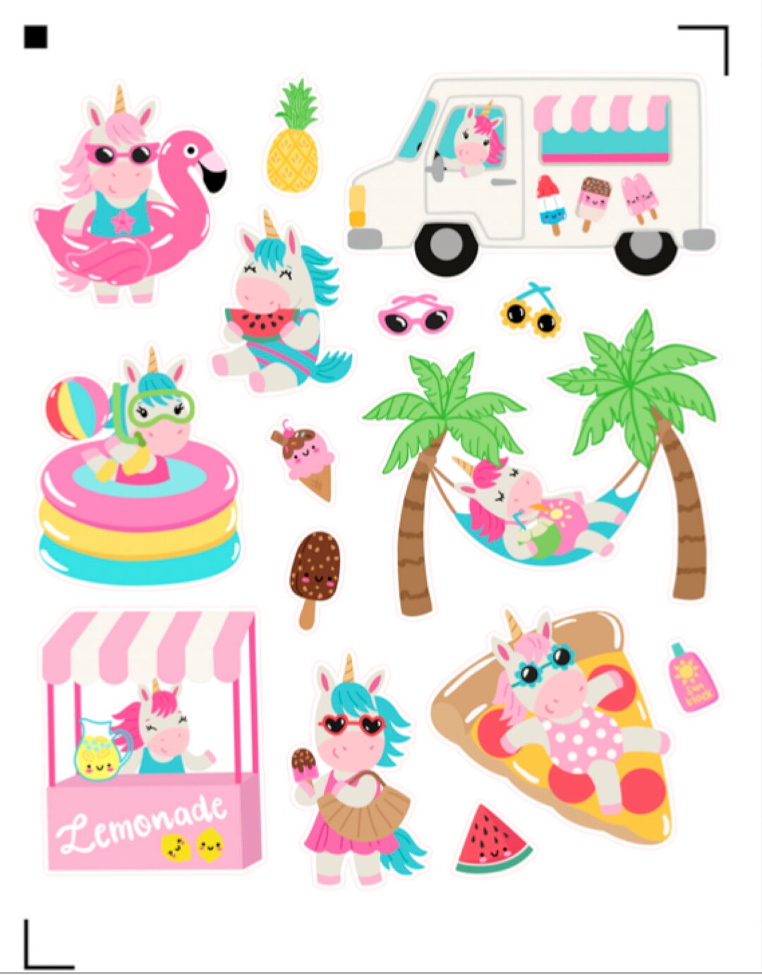 Summer Unicorn Stickers , Sweet , Swimming , Ice Cream , Floaty , Palm ...