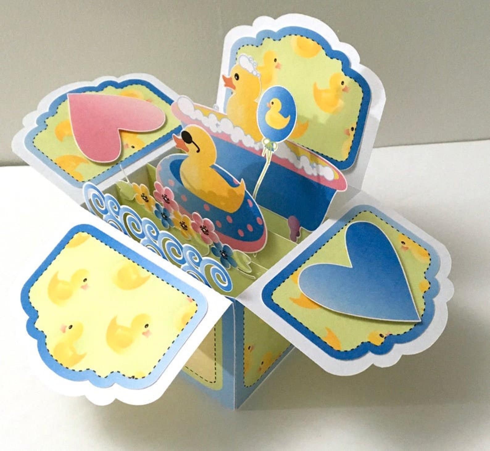 Rubber Duck Pop up Box Card , Blank , Balloon , Tub , Bath , Flowers ...