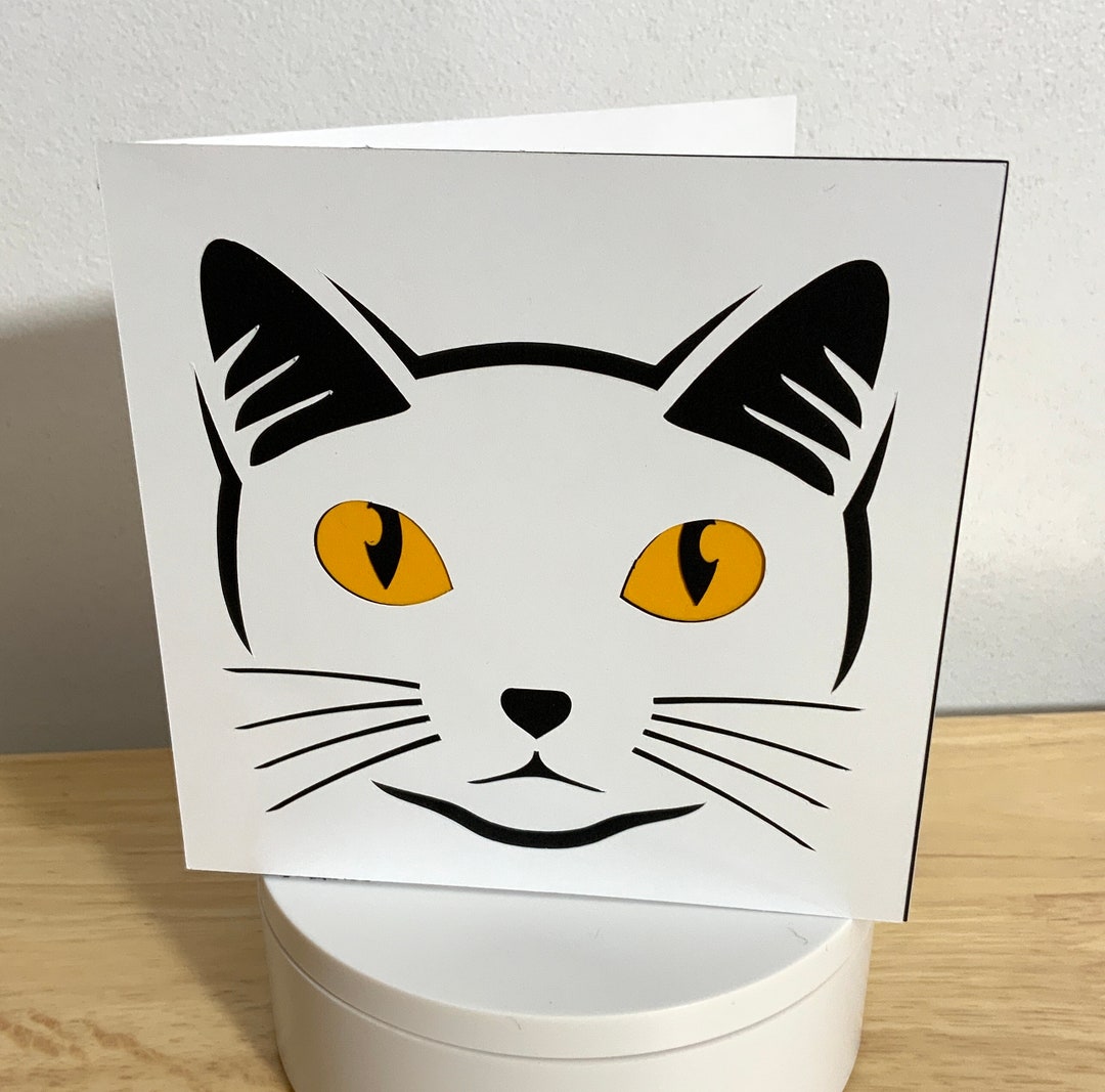 Cat Face Card , Blank Inside , Black , White , Yellow , Kitty , Friend ...