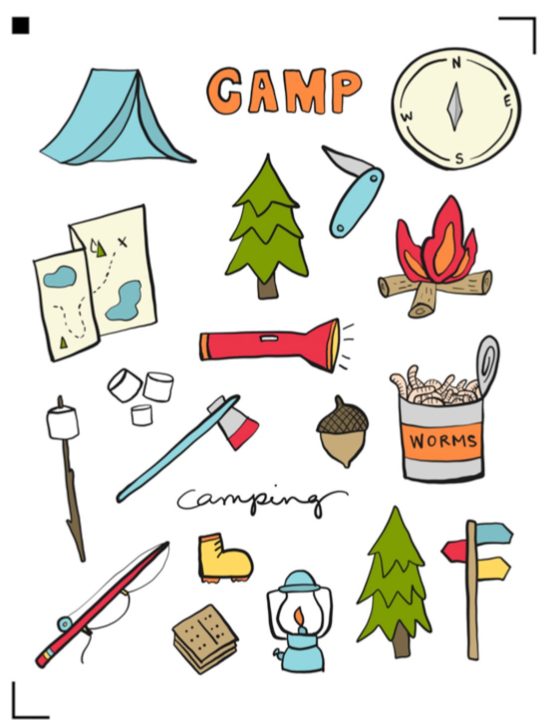 Camping Stickers , , Wilderness , Fire , Tent , Cooking , Flashlight ...