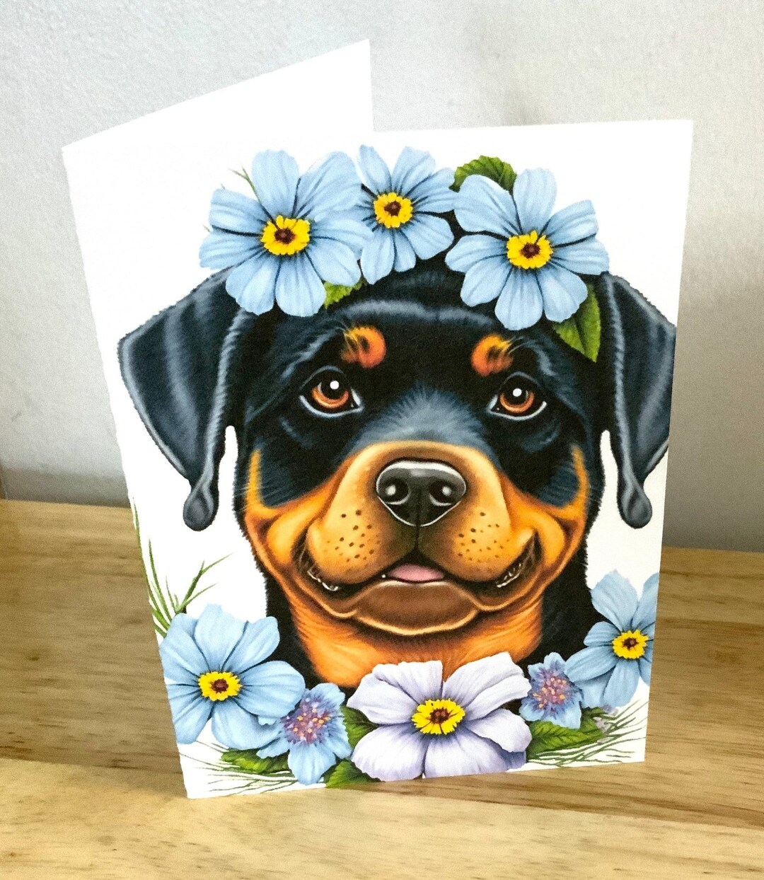 Rottweiler Dog Card , Blank Inside , Printed , Flowers , Garden ...