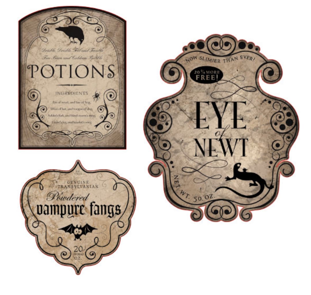 Halloween Bottle Label Stickers Set of 5 , Spider , Potions , Vampire ...