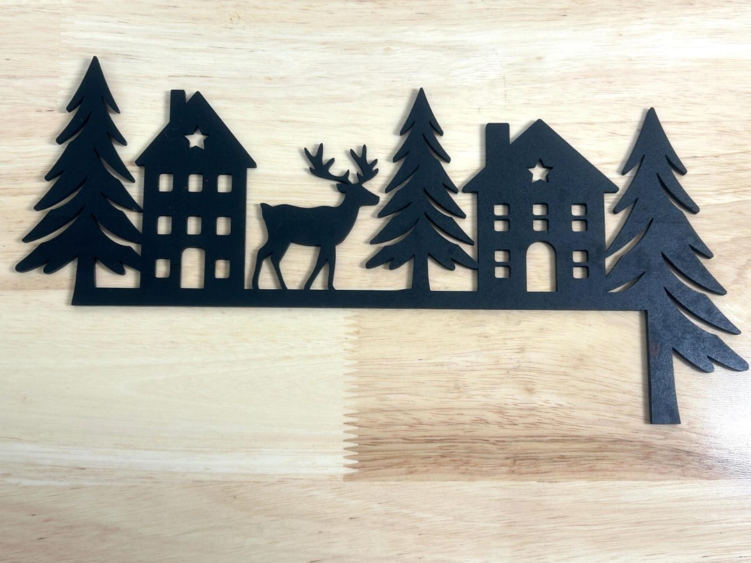 Wooden Winter Scene Door Frame Decor , House , Deer , Tree , Black ...