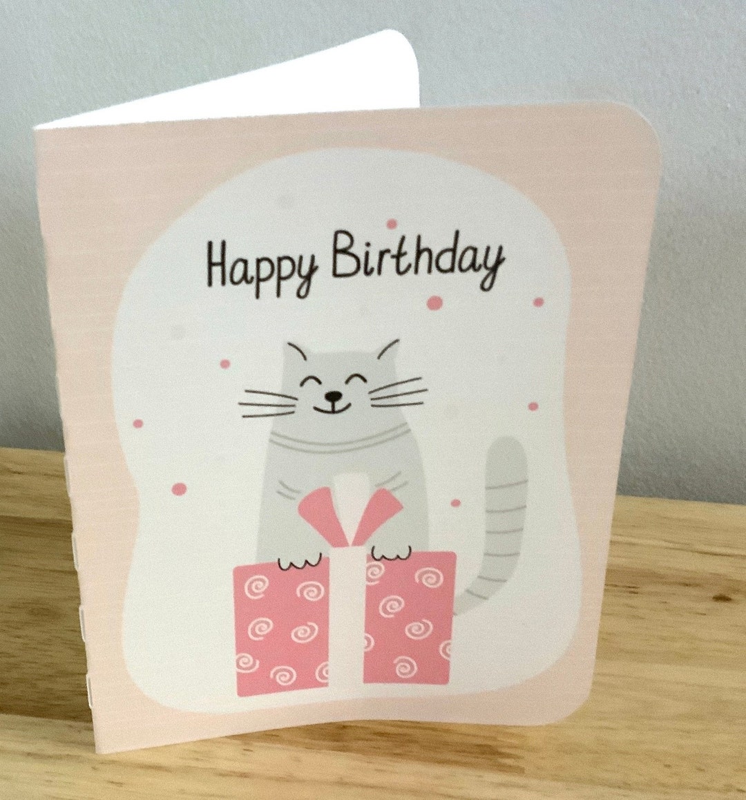 Happy Birthday Cat Gift Card , Blank Inside , Printed , Pink , Happy ...