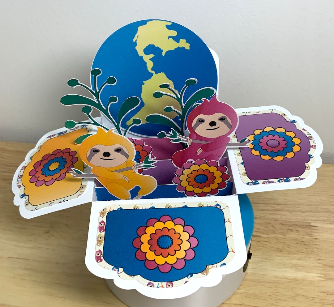 Earth Day Sloth Pop up Box Card , Plants , Green , Globe , Flowers ...
