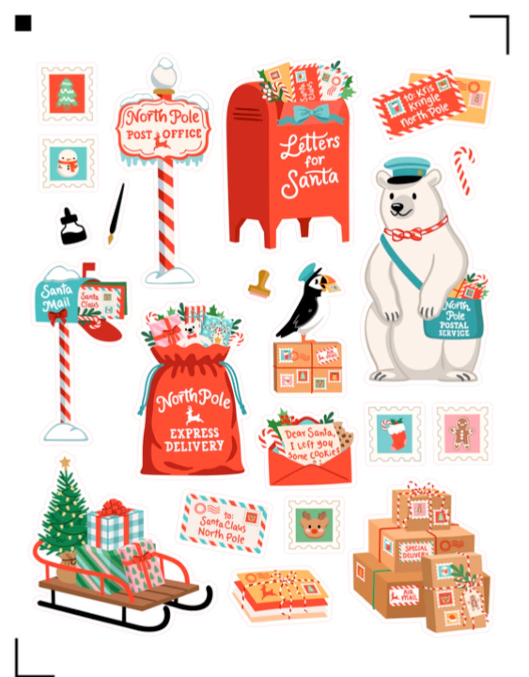 Santa Mail Stickers ,, Letters , Crafts , Bear , Elf , Tree , Candy ...
