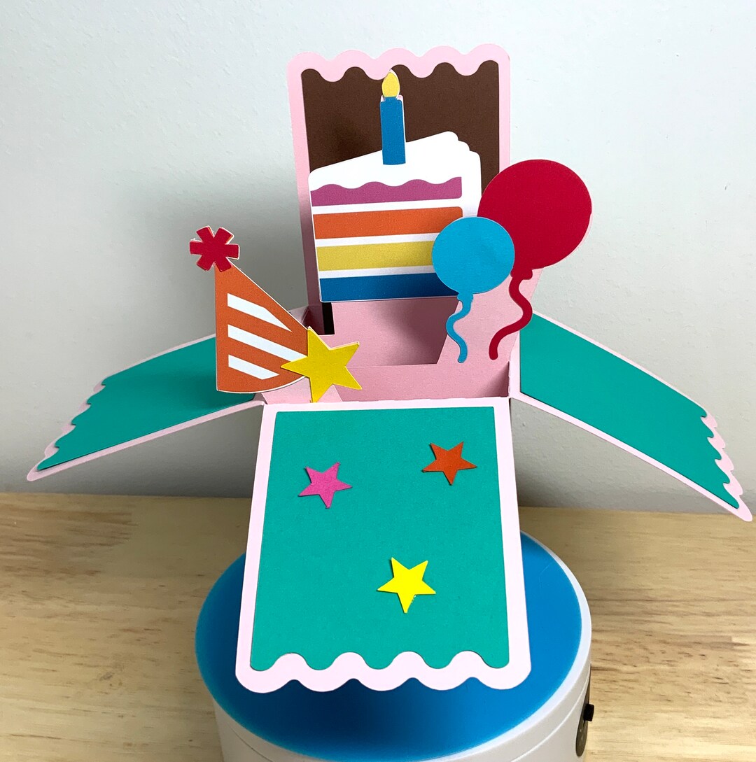 Happy Birthday Pop up Box Card , Rainbow Cake , Balloons , Party Hat ...