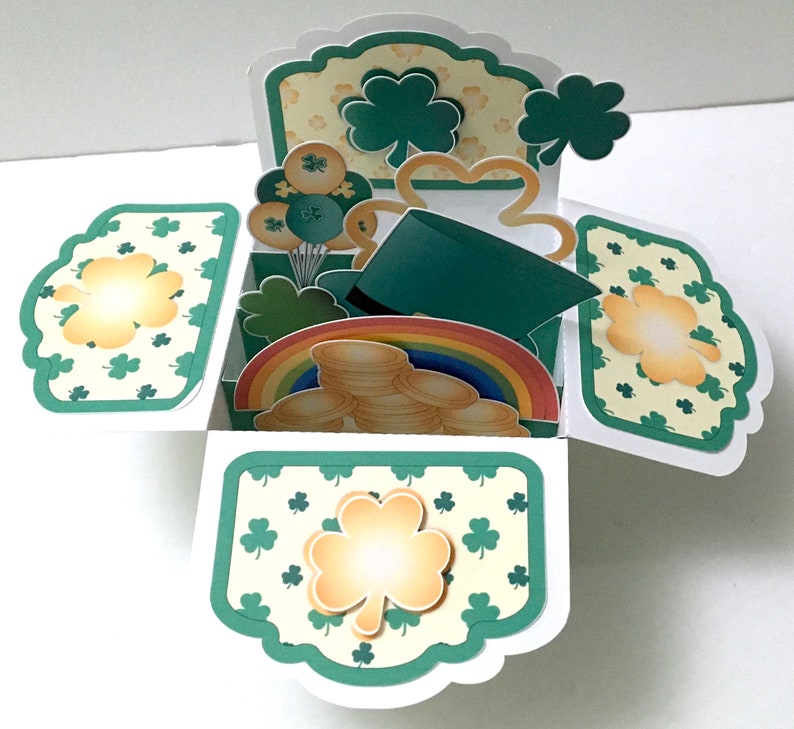 St Patricks Day Pop up Box Card , Rainbow , Gold , Hat , Clover ...