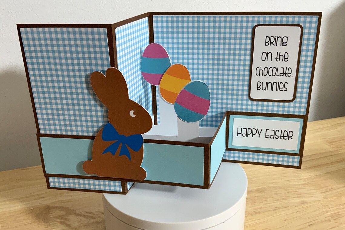 Chocolate Easter Bunny Pop up Card , Blank , Plaid , Blue , Pink ...