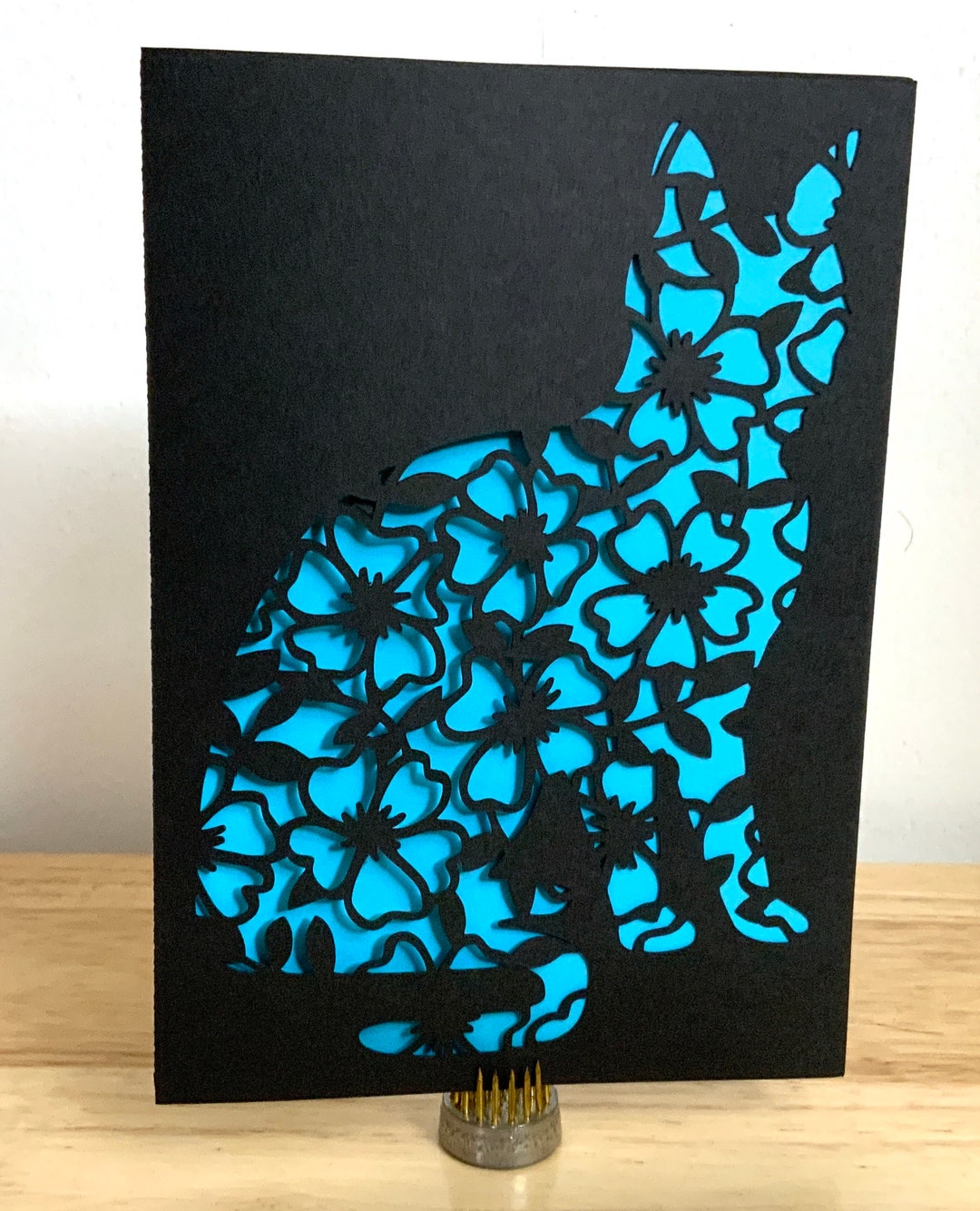 Floral Cat Card , Blank Inside , Black , Blue , Bright , Elegant ...
