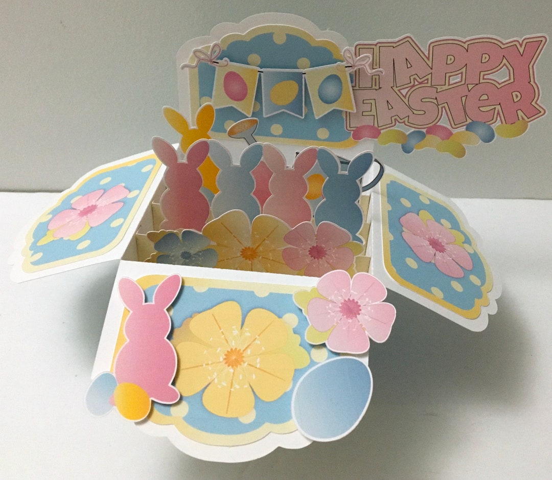 Easter Bunny Pop up Box Card , Blank Inside , Printed , Flowers , Eggs ...