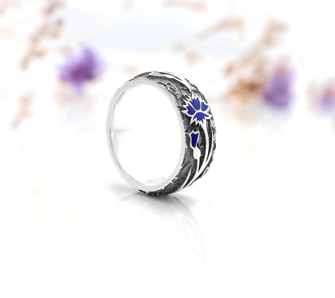 Silver Enamel Ring Oxidized Silver Band With Enamel Band Cornflower ...