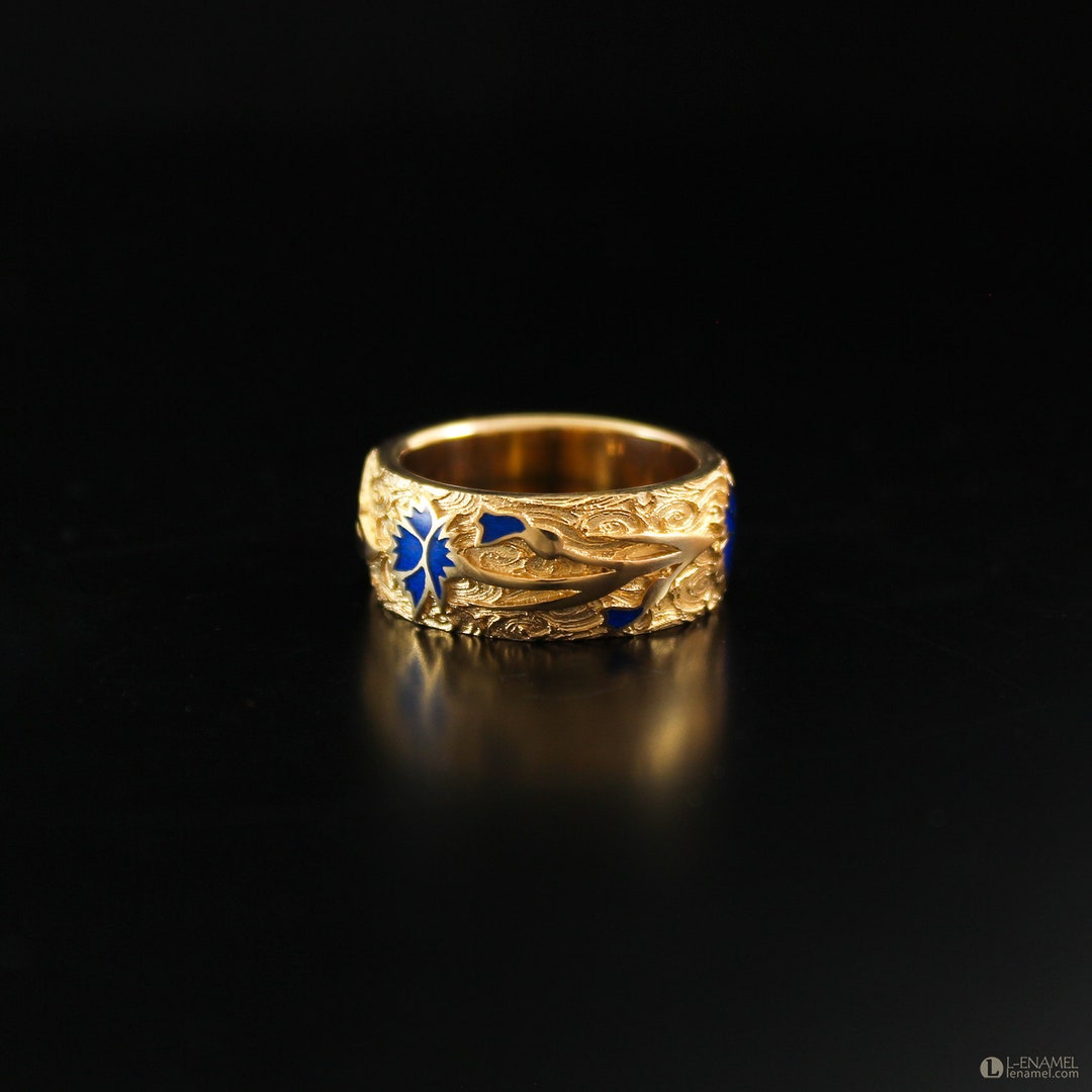 Gold Enamel Ring Cornflower Enamel Gold Plated Ring Flower Ornament ...