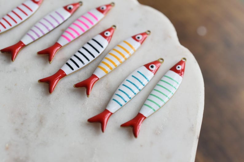 1 Enamel Striped Sardine Fish Charm: Handmade Nautical Jewelry Pendant ...