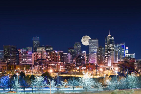 United States Colorado Denver Skyline With Full Moon SKU - Etsy